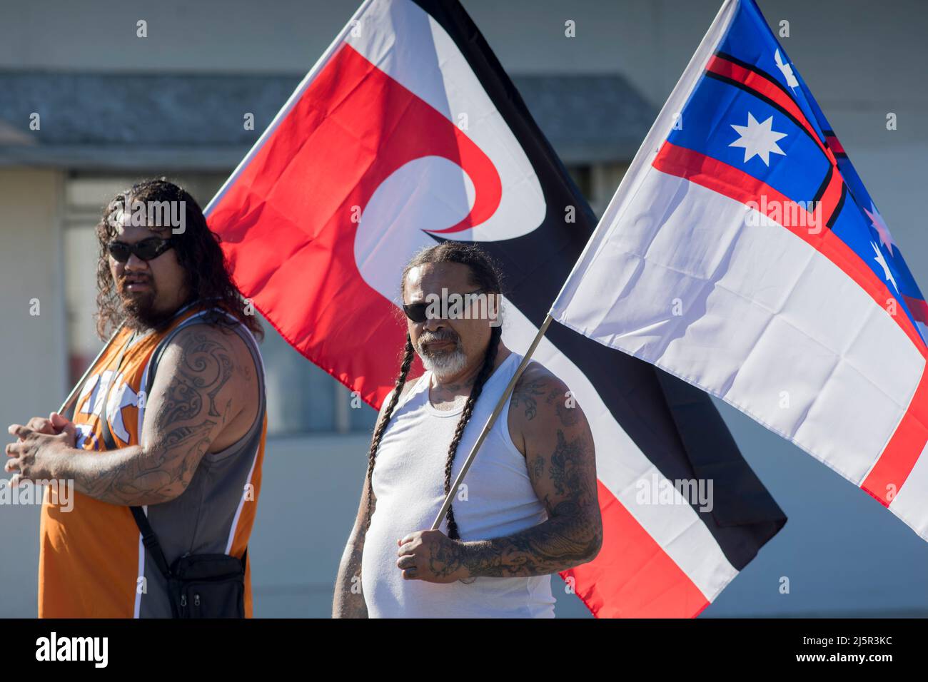Maori men with the old historic and new Maori flag during Waitingi Day ...