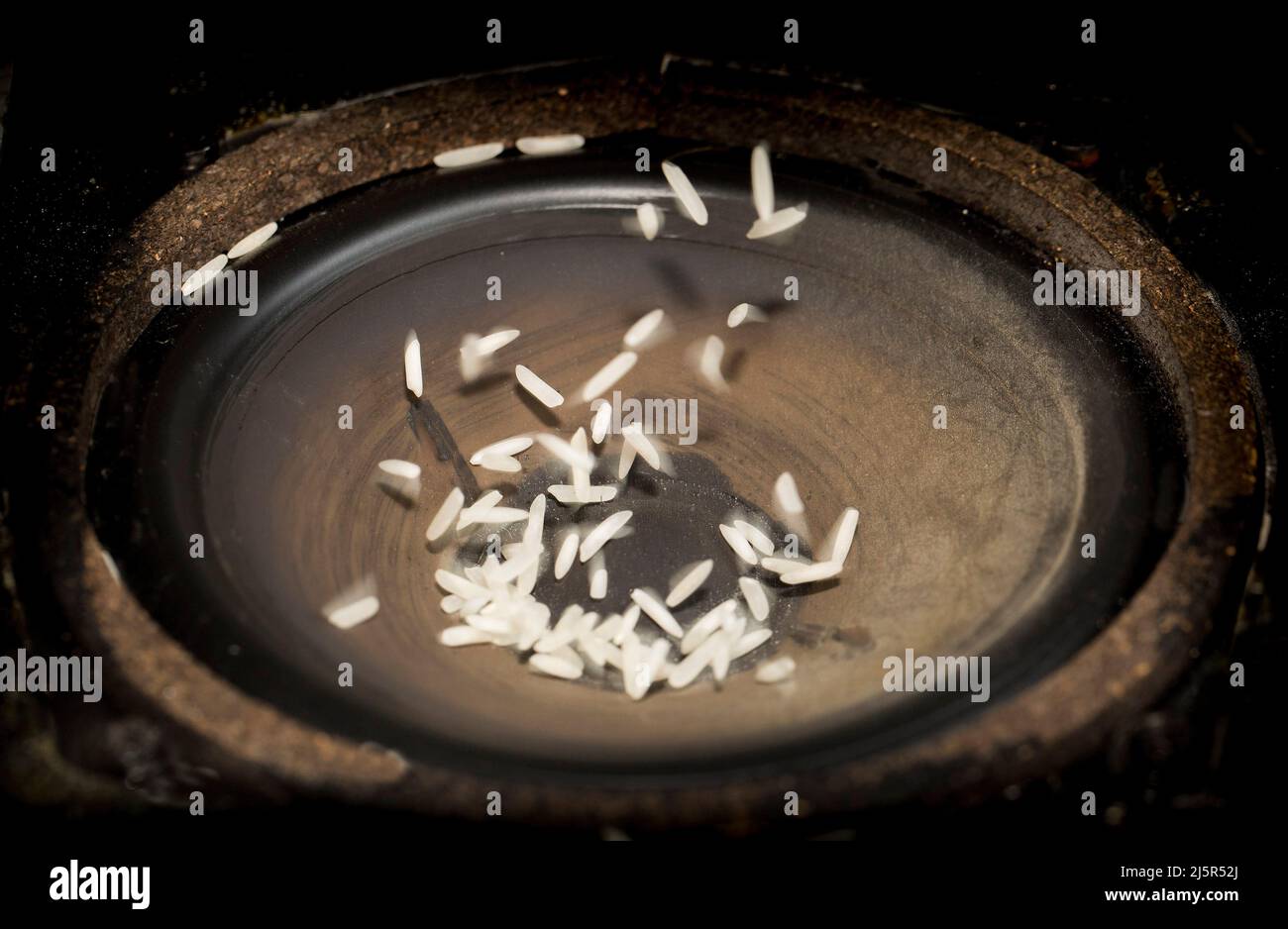 Vibration of the loudspeaker causes the jumping of rice grains Stock ...