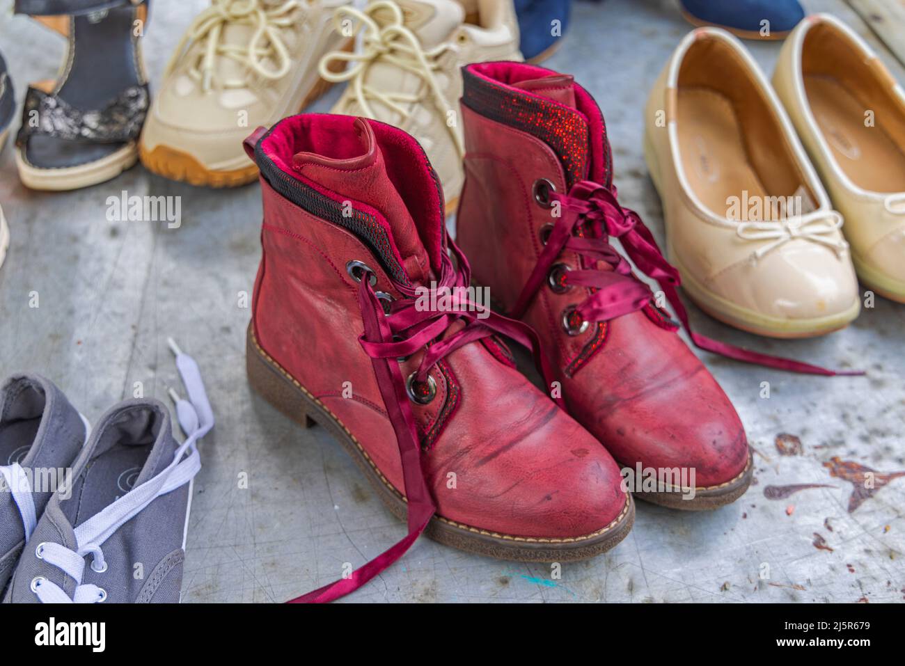 Classic Red Boots With Long Laces Women Winter Style Stock Photo - Alamy