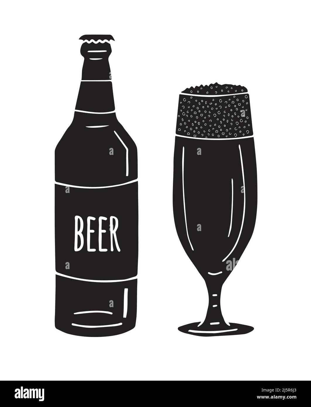 Vector black hand drawn doodle sketch beer glass and bottle isolated on ...