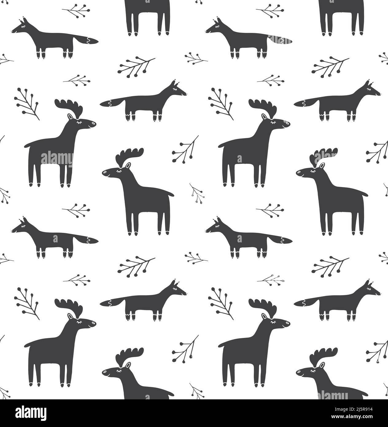Vector seamless pattern of black Scandinavian hand drawn doodle sketch fox and deer animals ...
