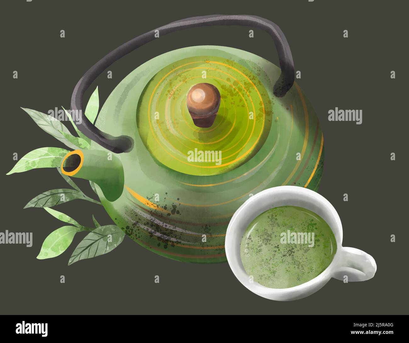 Matcha Tea. Kettle and Matcha drink, green powder, spoon, bowl of ...