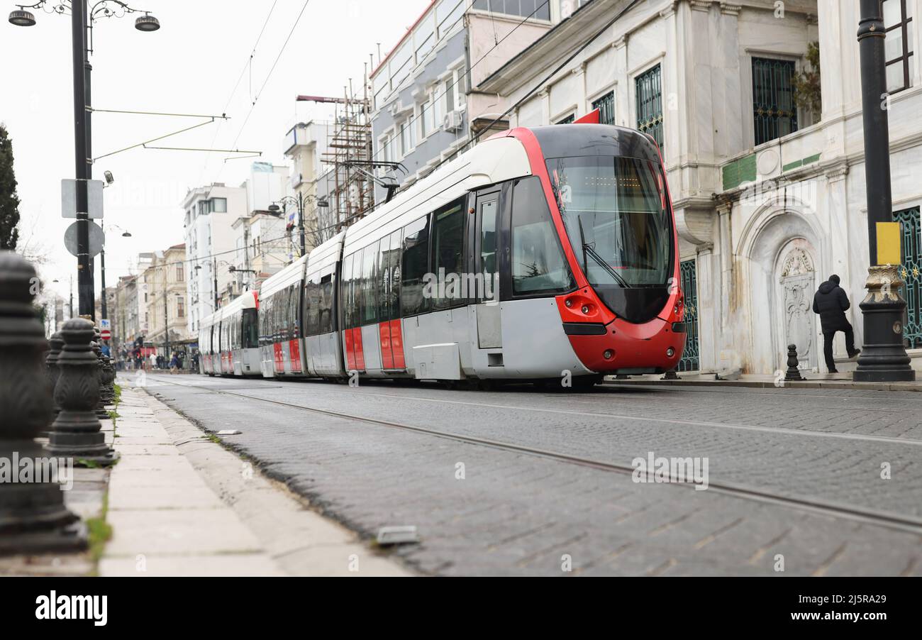 High speed modern tram train in city Stock Photo - Alamy