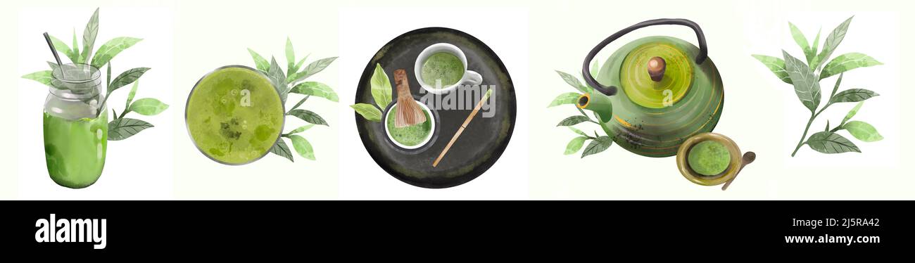 Collection of matcha green tea : matcha, bamboo matcha whisk, a cup of ...