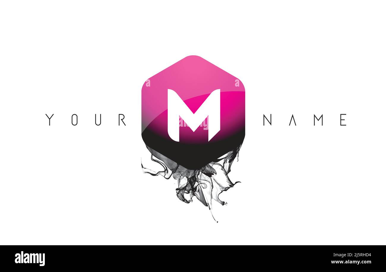 Purple Glossy Shape M Black Ink Letter Logo Design with Rounded Hexagon ...