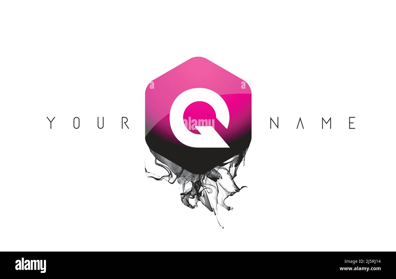 Purple Glossy Shape Q Black Ink Letter Logo Design with Rounded Hexagon ...