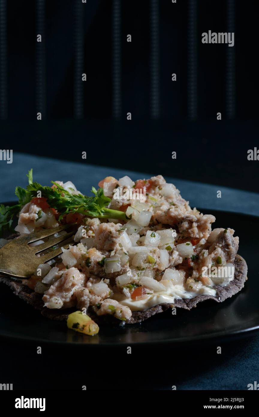 Fish Ceviche on Blue Corn Tostadas, Mexican Food Stock Photo - Alamy