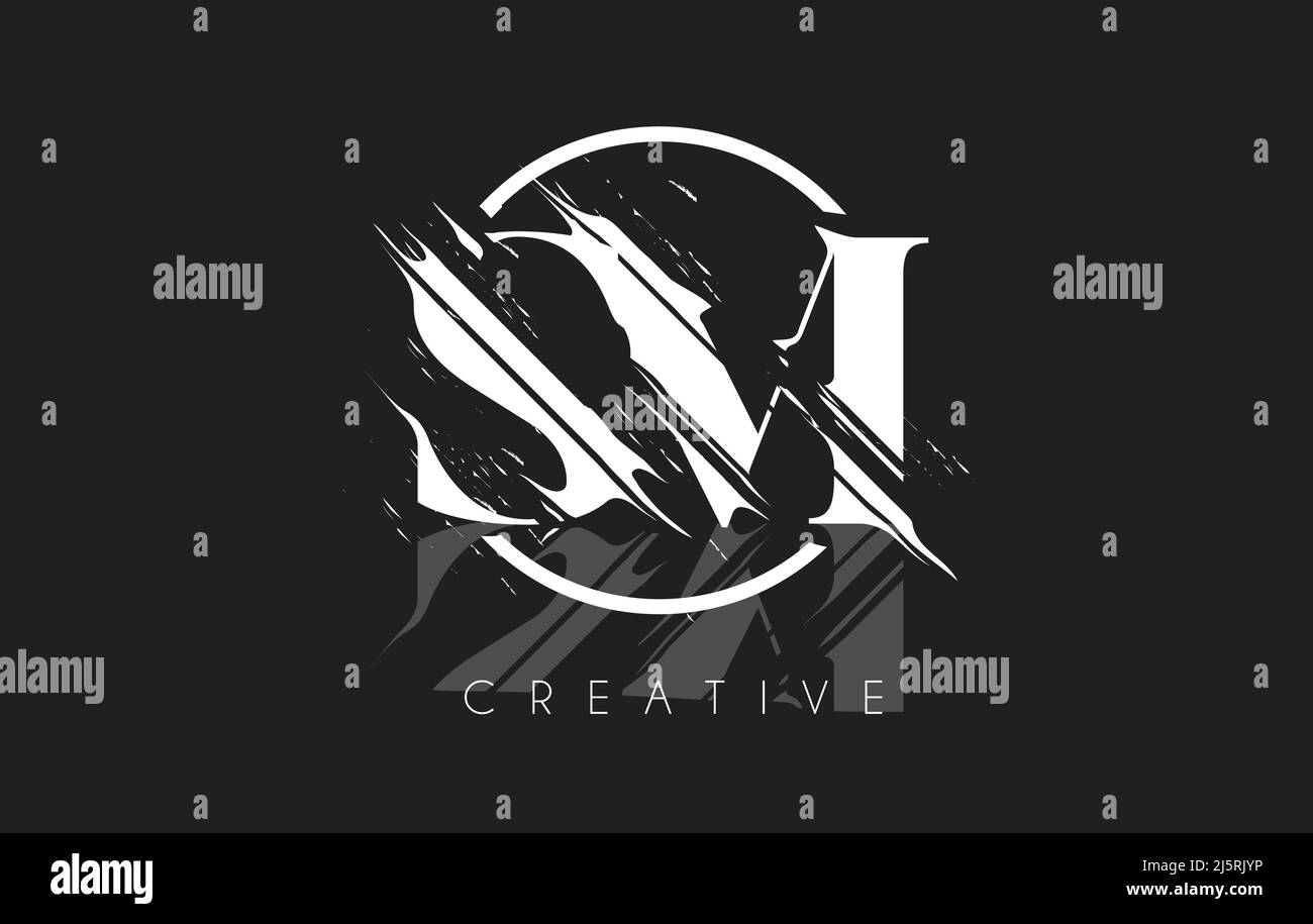 White SM Letter Logo with Vintage Grundge Cut Design. Destroyed Drawing ...
