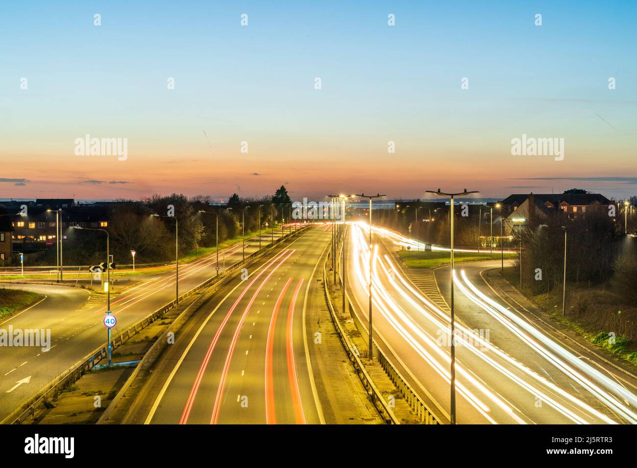 Night high angle view along the English A299, Thanet Way, a dual ...