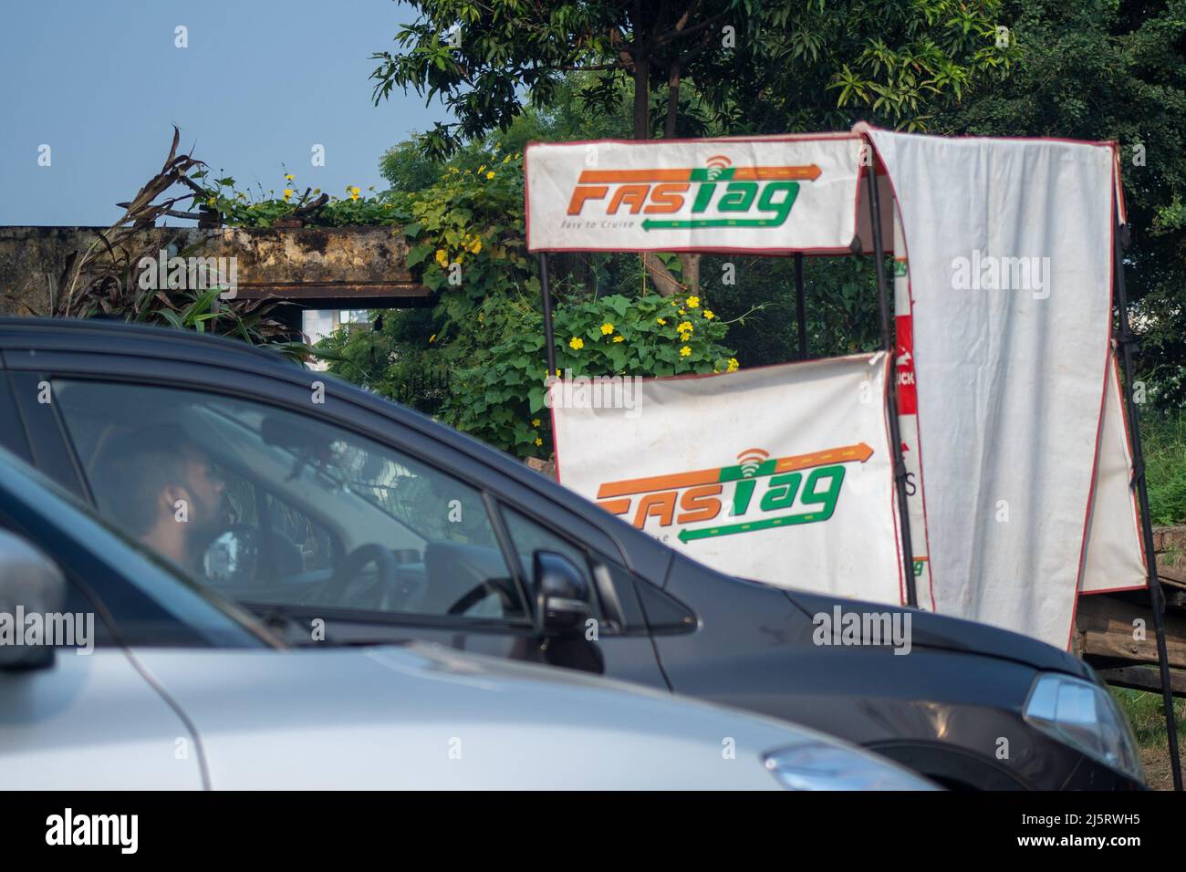Congested traffic jam cars in front of a toll booth showing the new ...