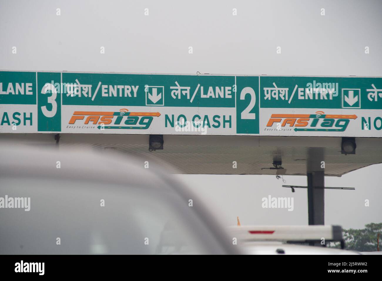 Congested traffic jam cars in front of a toll booth showing the new ...