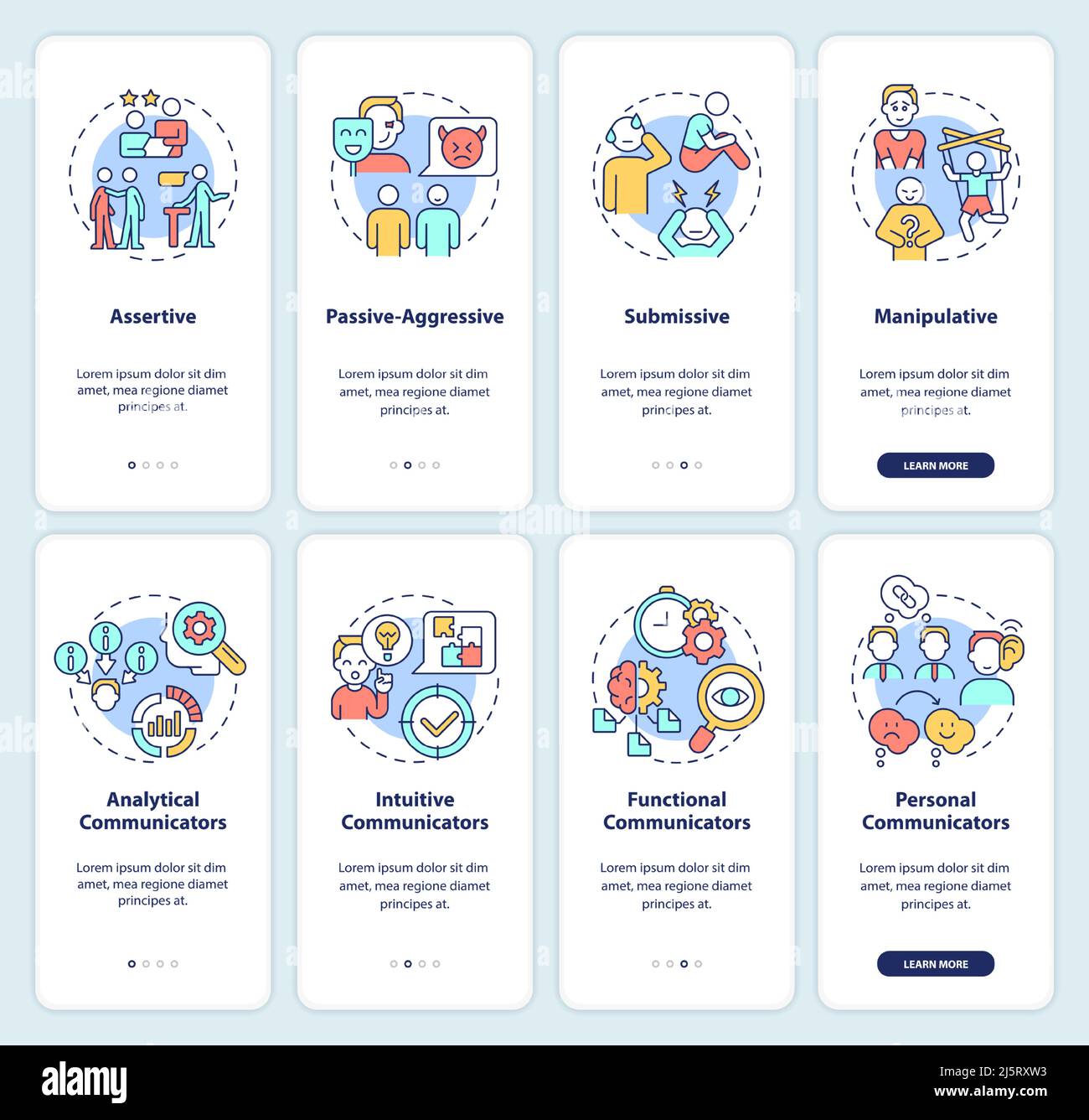Identifying communication styles onboarding mobile app screen set Stock ...