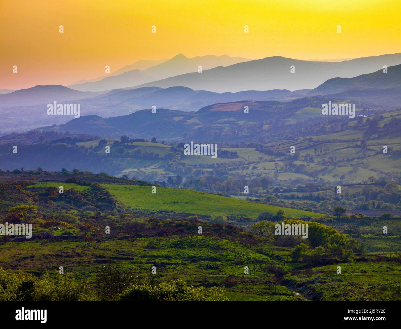 Sunset above the mountain range at Bantry, Cork, Beara peninsula ...