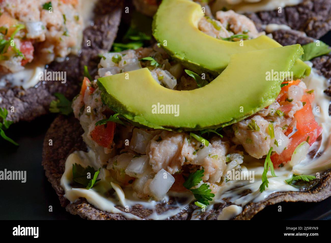 Fish Ceviche on Blue Corn Tostadas, Mexican Food Stock Photo - Alamy