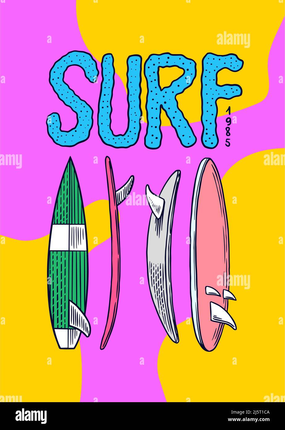Surf Poster or banner. Retro Wave and palm. Summer California pins set ...