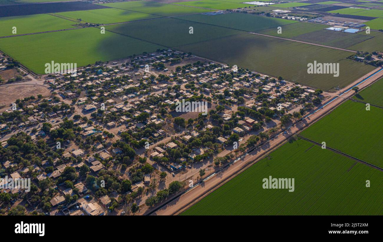 Aerial view of plots, hectares of crops in the town of Marte R Gómez or ...