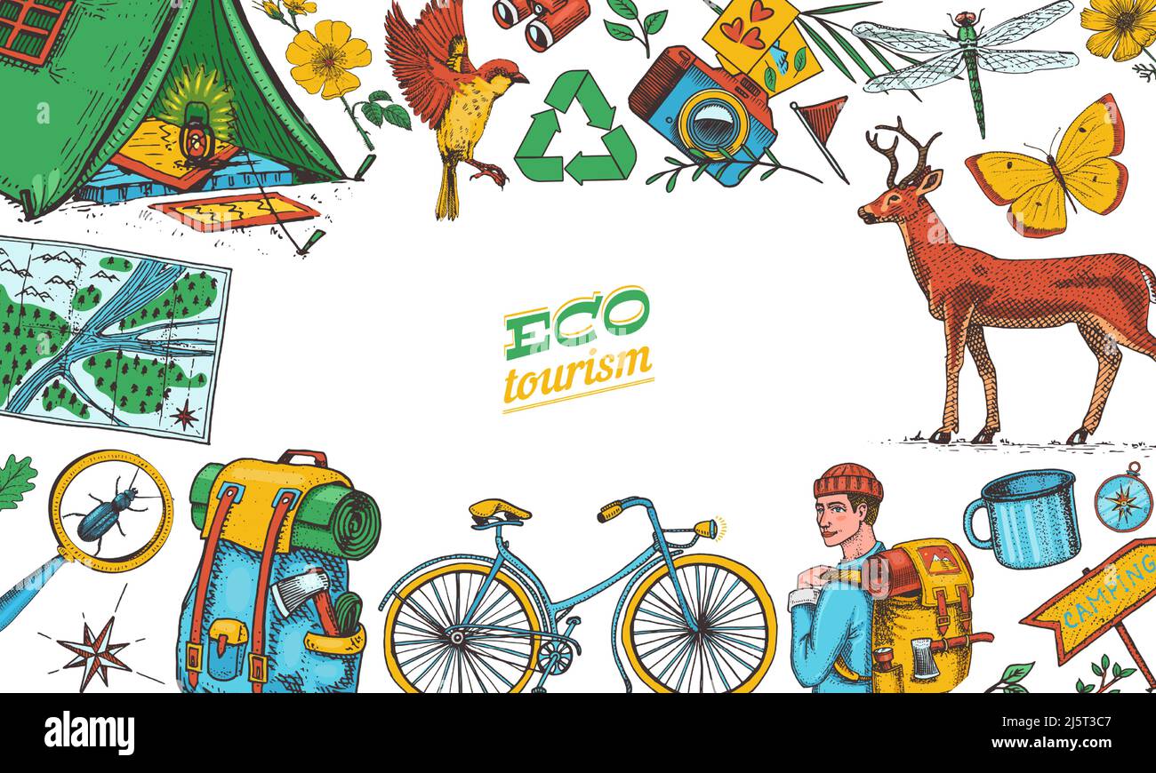 Eco tourism Poster or banner.. Eco friendly tourism. Tourist with ...