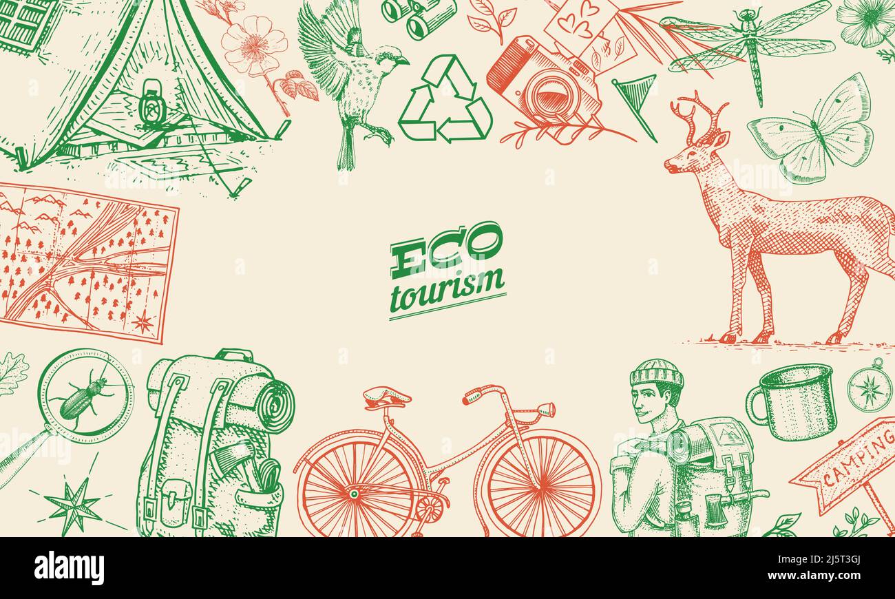Eco tourism Poster or banner.. Eco friendly tourism. Tourist with ...