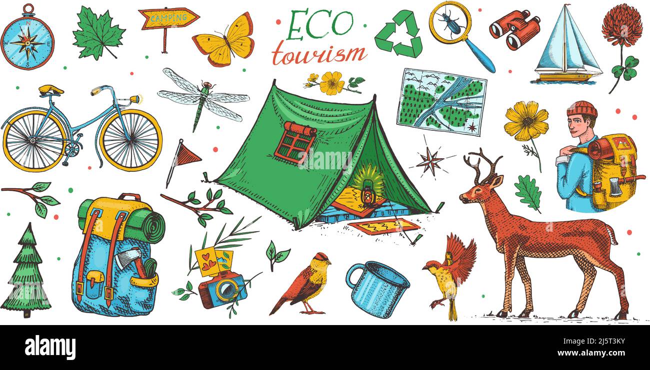Eco tourism set. Eco friendly tourism. Tourist with backpack and tent ...