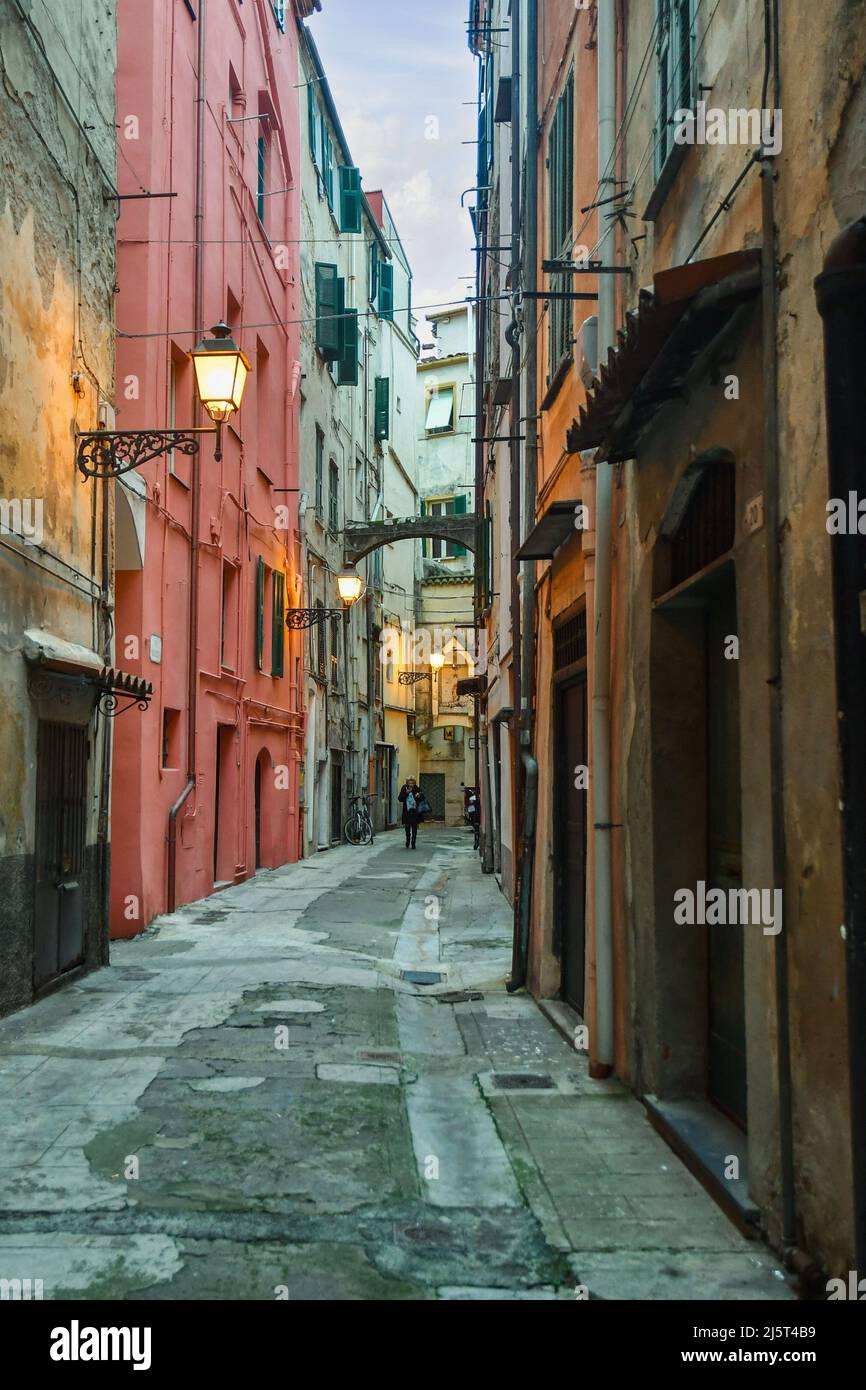 A narrow alley ("caruggio") in the historic centre of Sanremo, with the ...