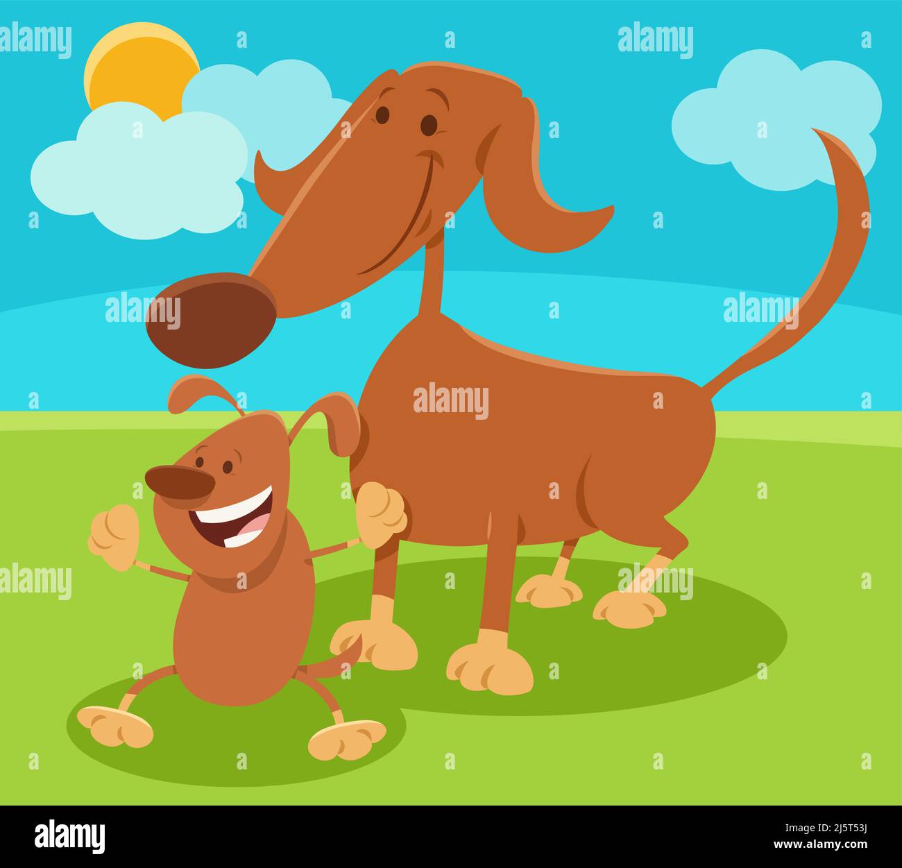 Cartoon illustration of dog mom animal character with playful little ...