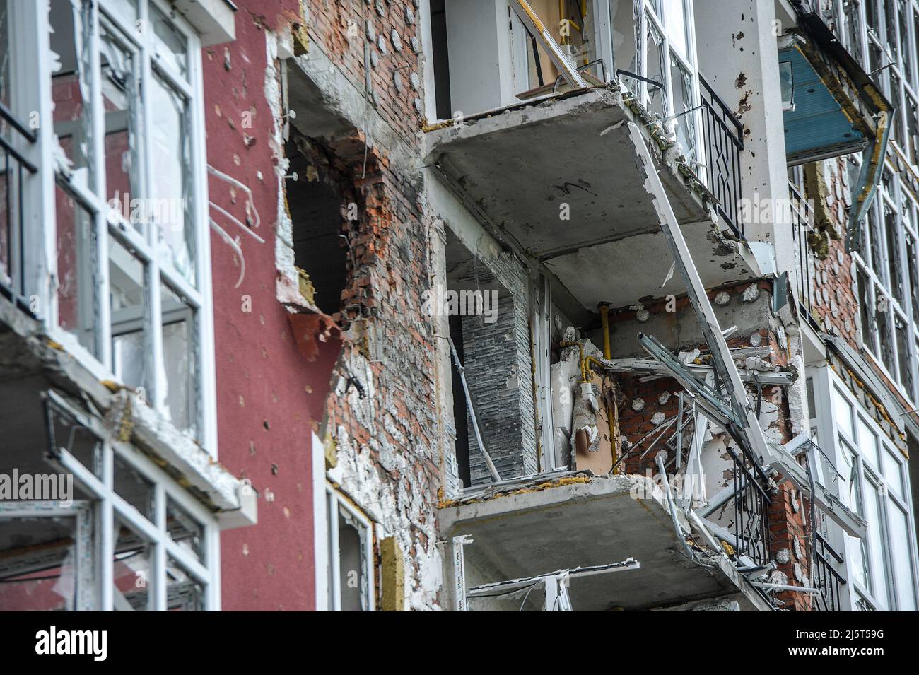 HOSTOMEL, UKRAINE - APRIL 25, 2022 - A destroyed balcony is part of an ...