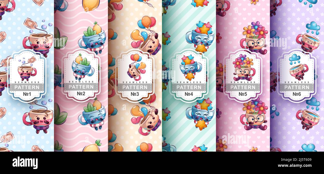 Set childish cartoon character cup of tea seamless pattern Stock Vector ...