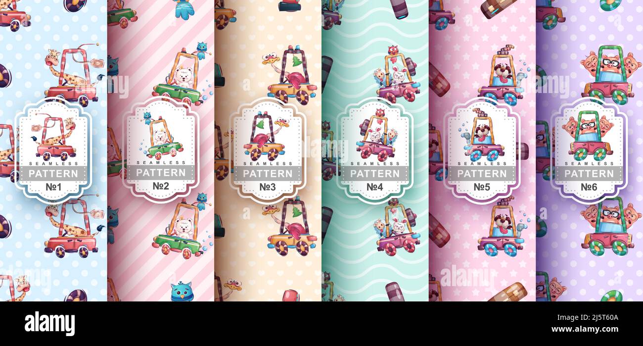 Set childish cartoon character animal in car seamless pattern Stock ...