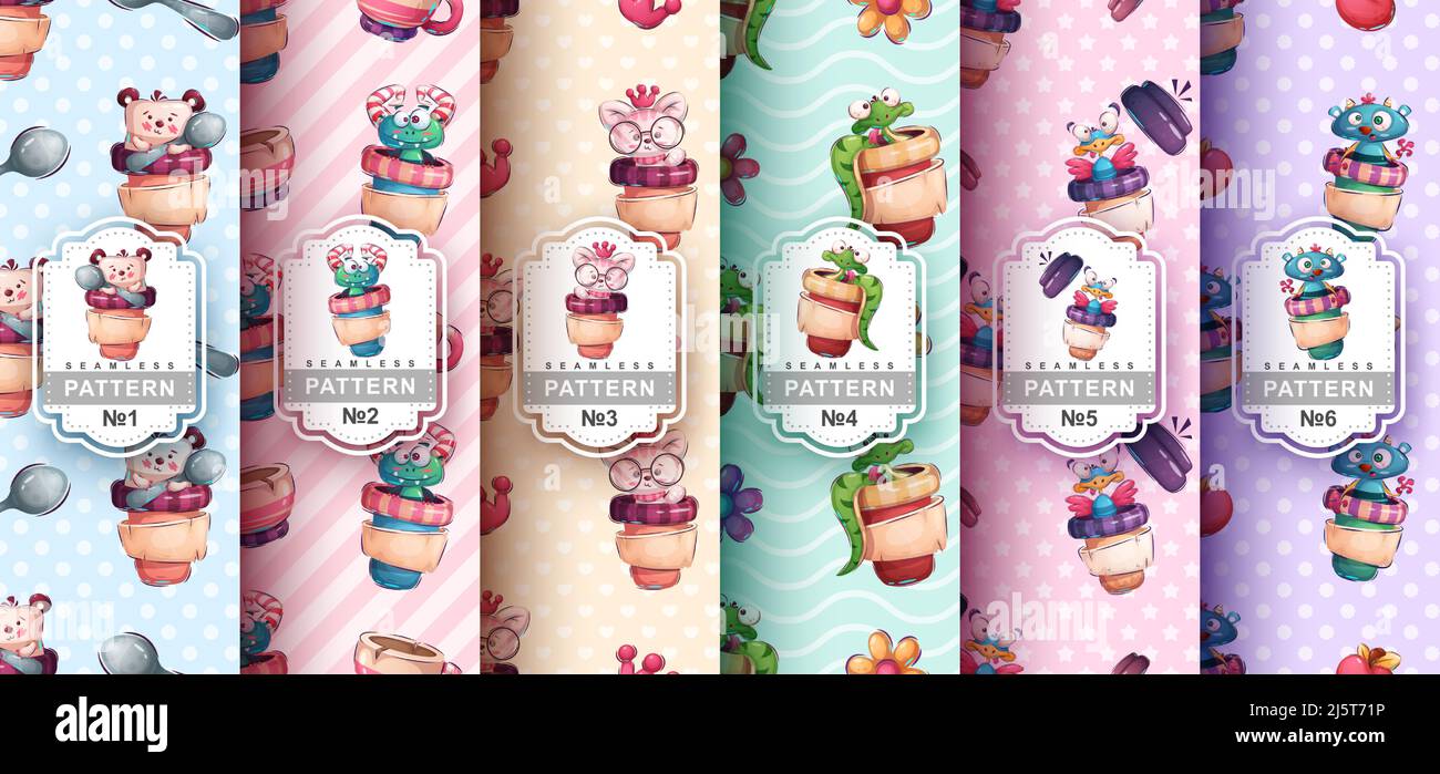 Set childish cartoon character animal in cup seamless pattern Stock ...
