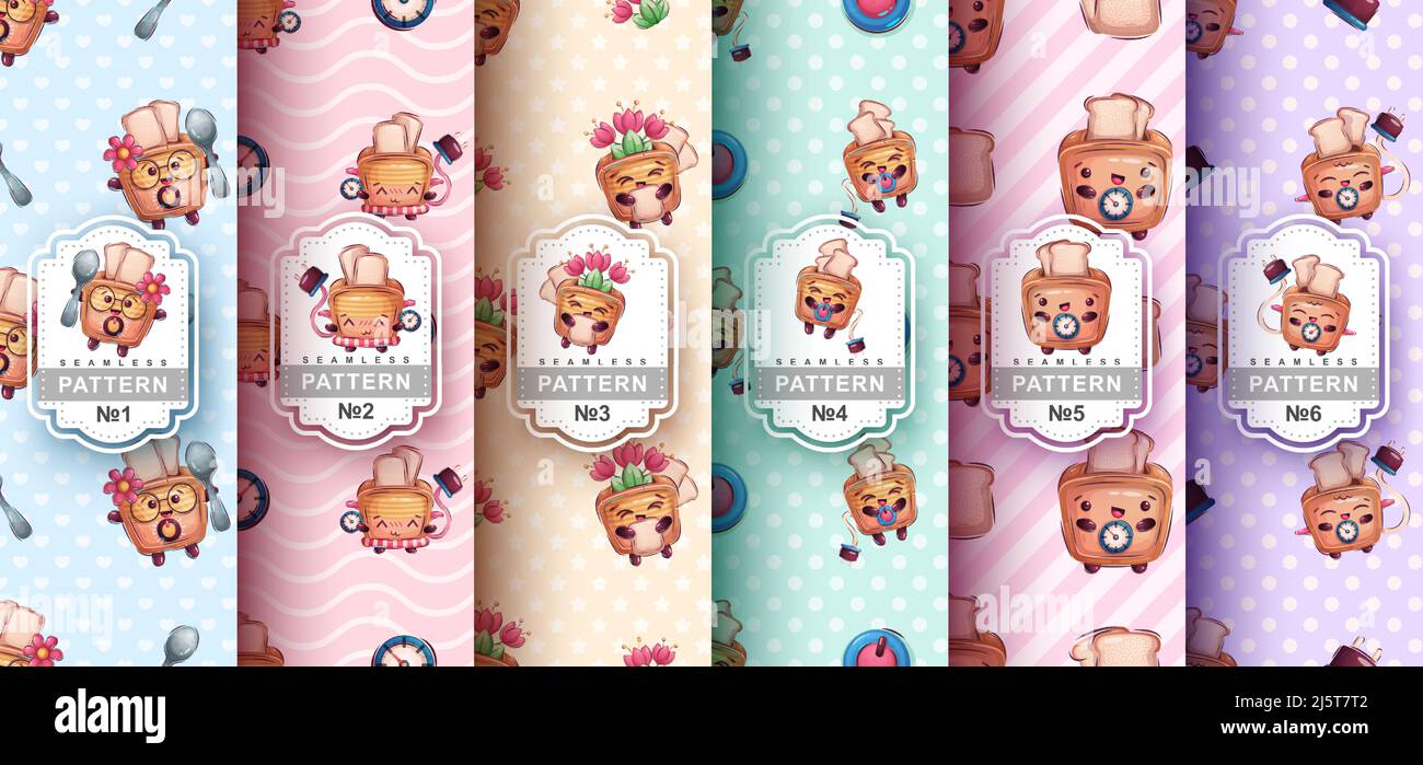 Set childish cartoon character toaster seamless pattern Stock Vector ...