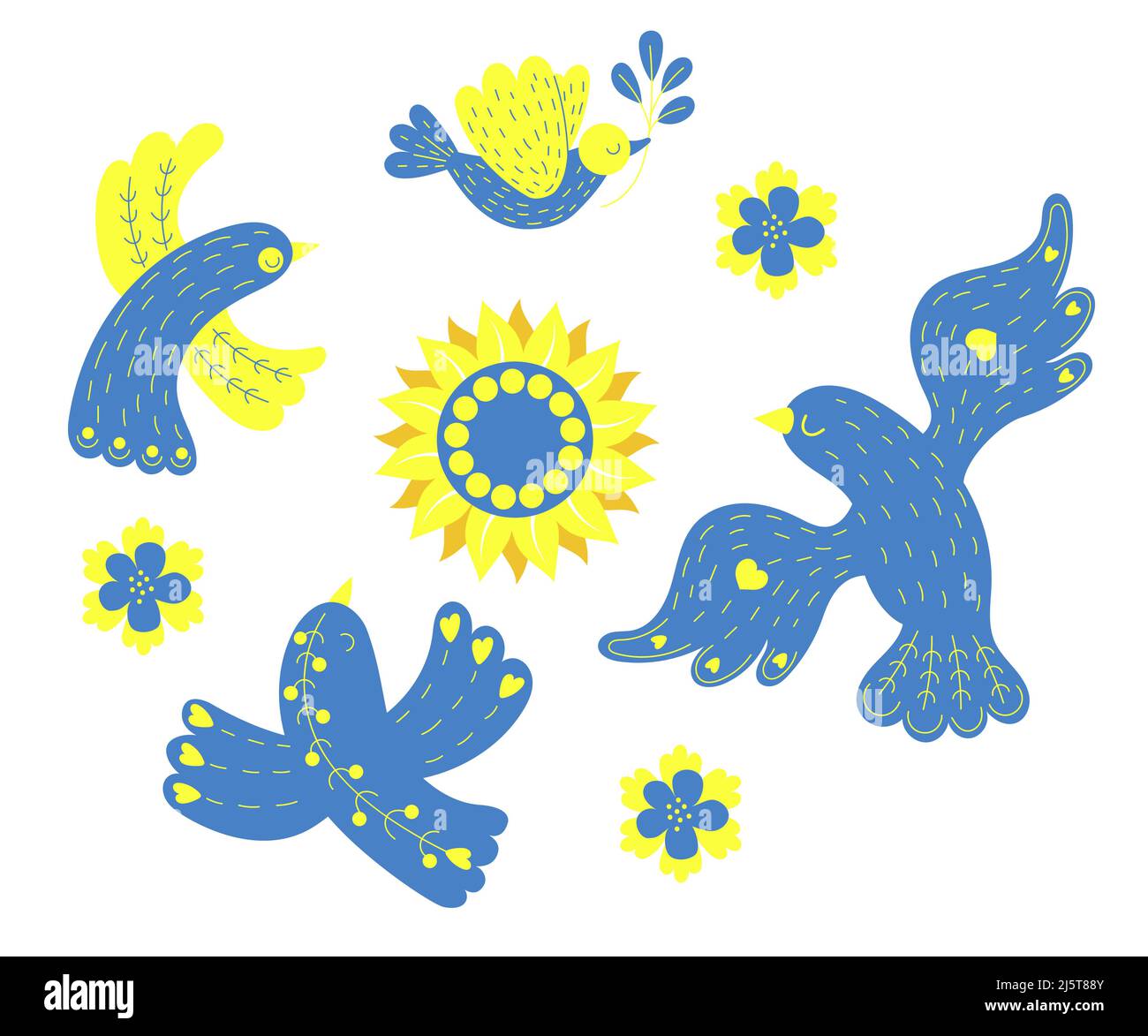 Collection of decorative Ukrainian birds. beautiful dove with branch ...