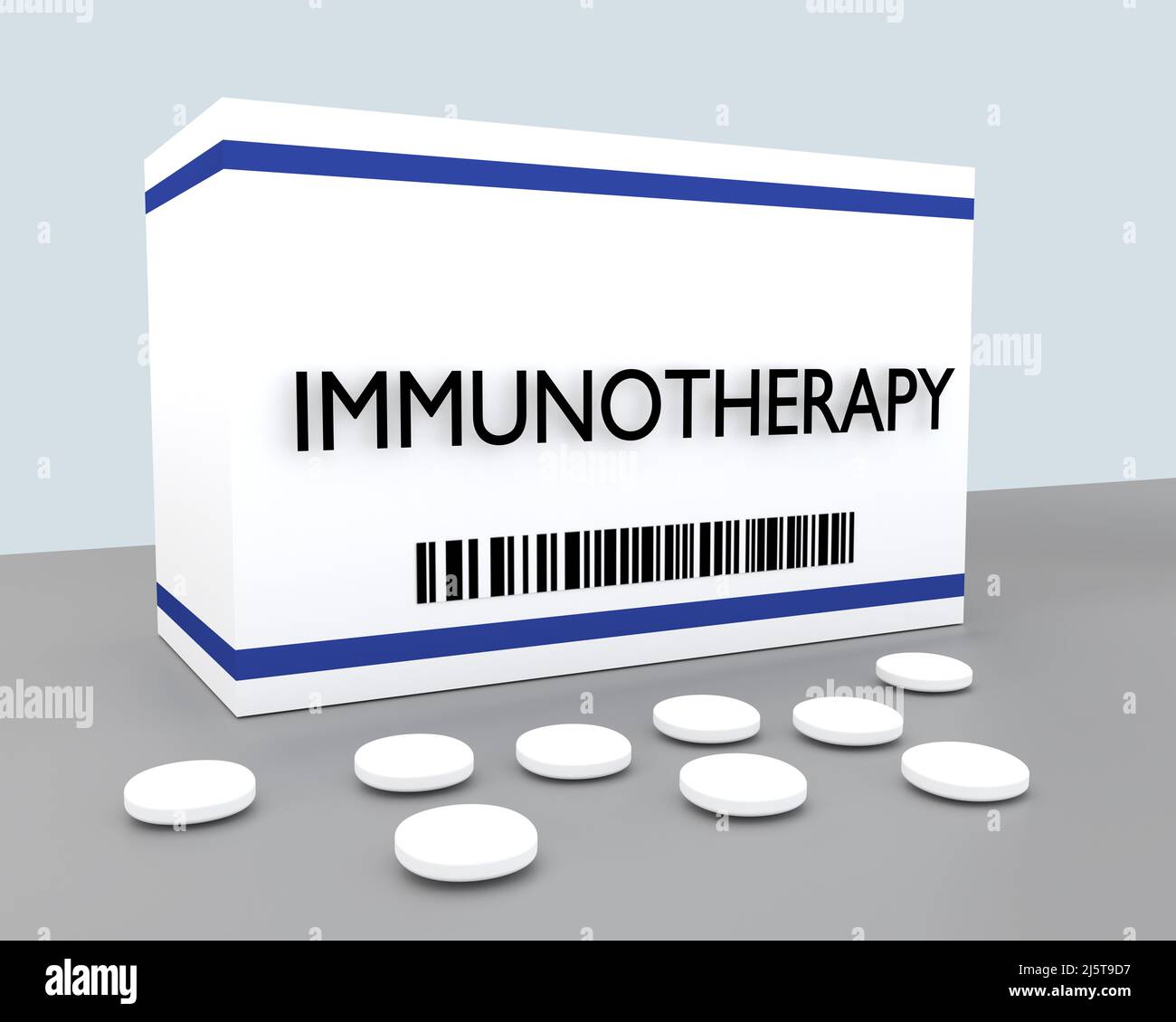 3D illustration of IMMUNOTHERAPY title on pill box, along with some ...