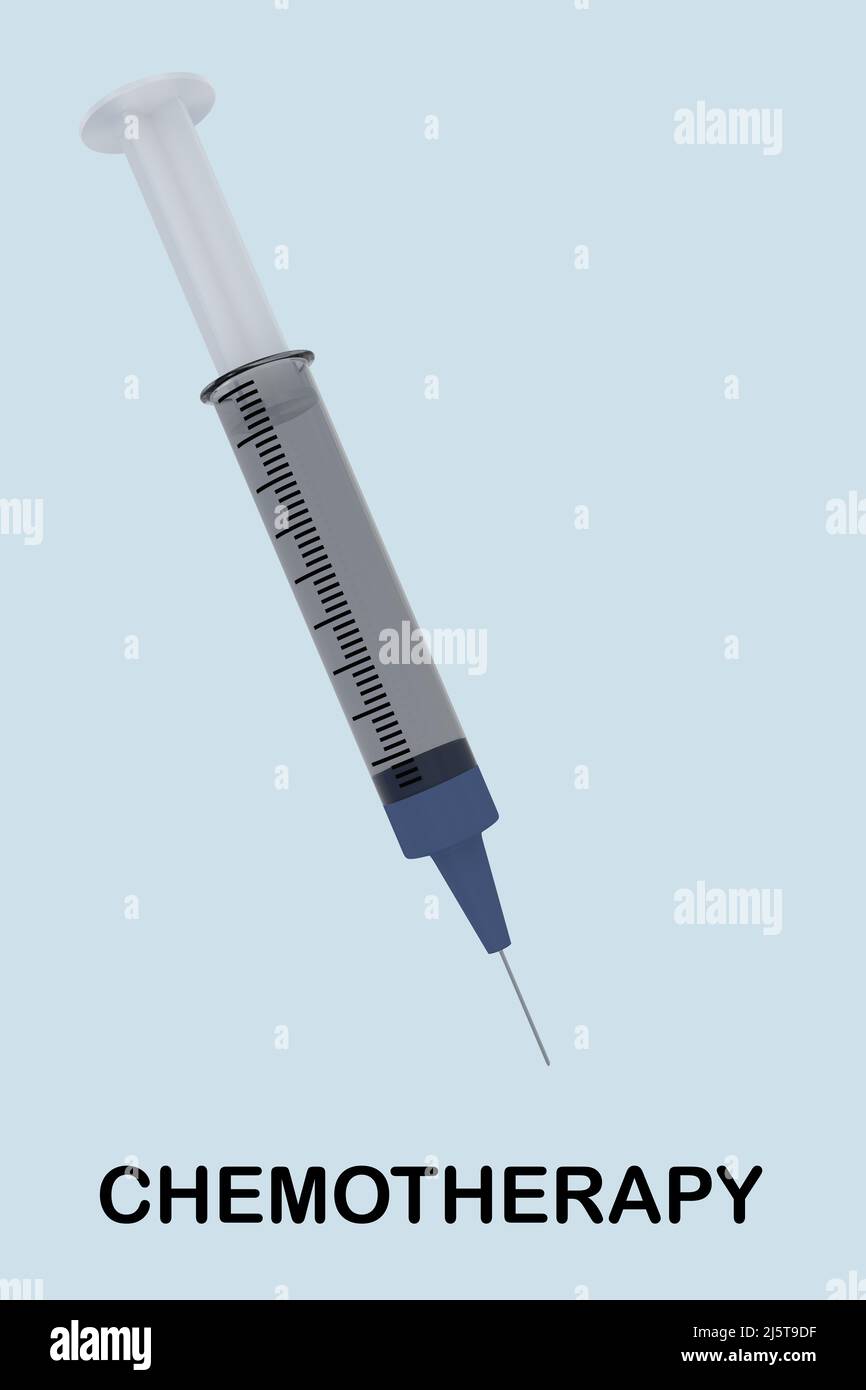 3D illustration of CHEMOTHERAPY script with syringe, isolated over pale ...