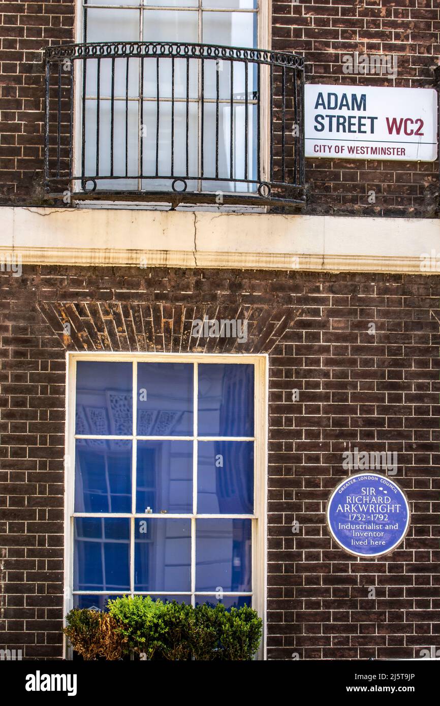 Blue plaque marking the occupancy by Arkwright in Adam Street, London ...