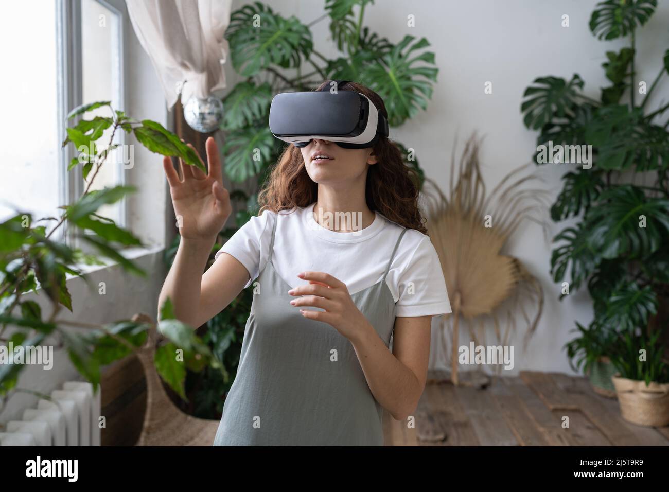 Home gardening, metaverse. Woman using VR glasses in greenhouse ...