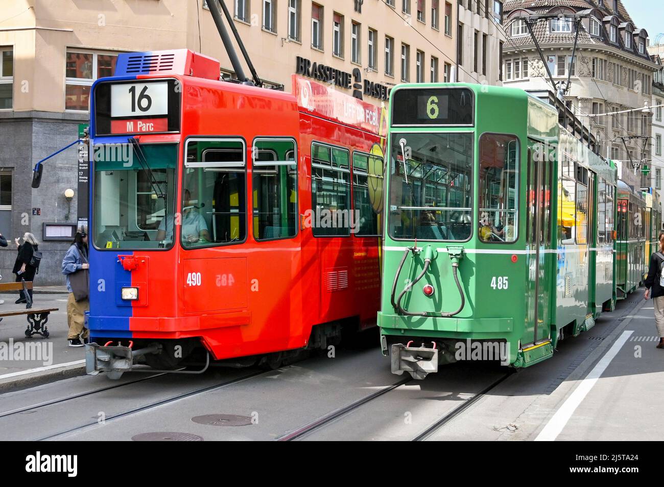 Basel, Switzerland - April 2022: Old traditional electric trams side by ...