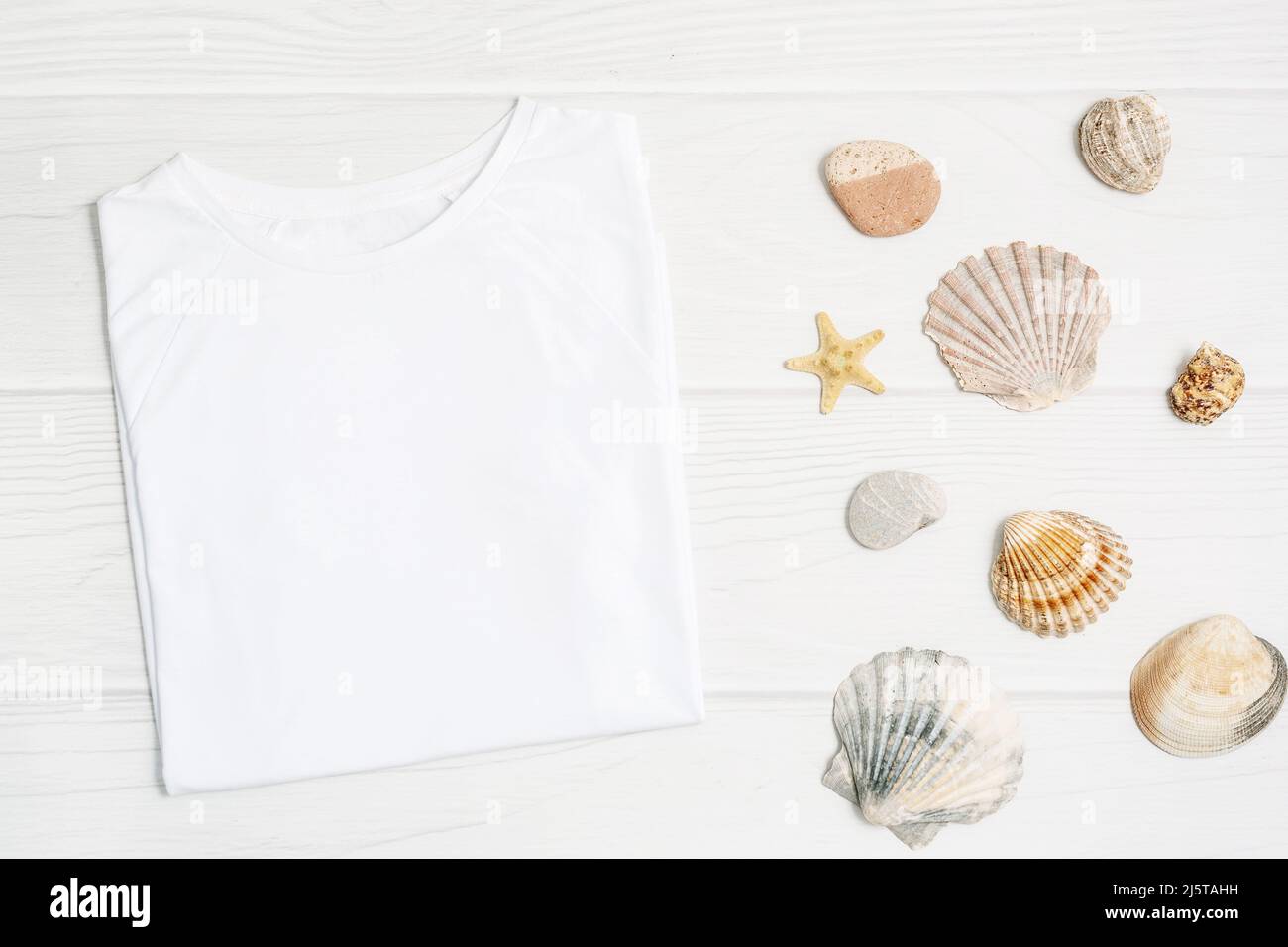 TShirt mockup flat lay Sea shells white wooden background Stock Photo ...