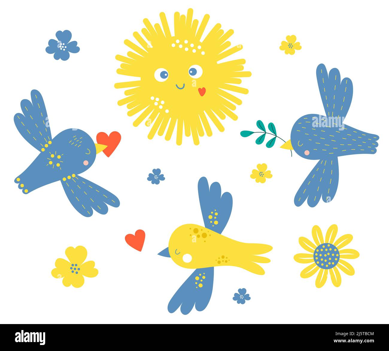 Collection of decorative yellow-blue birds with heart and dove with ...
