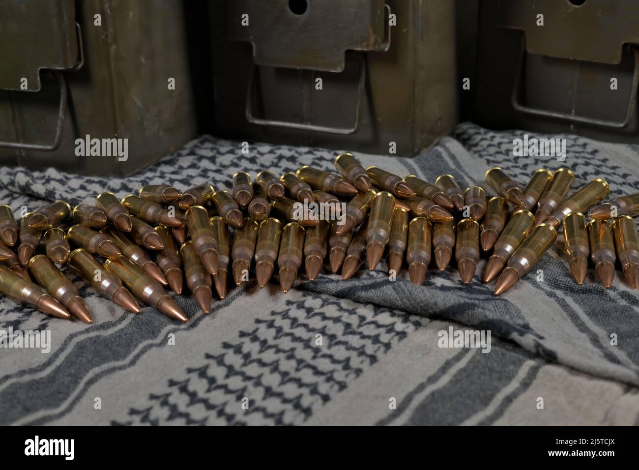 .308 caliber ammunition and ammunition containers on a green-gray ...