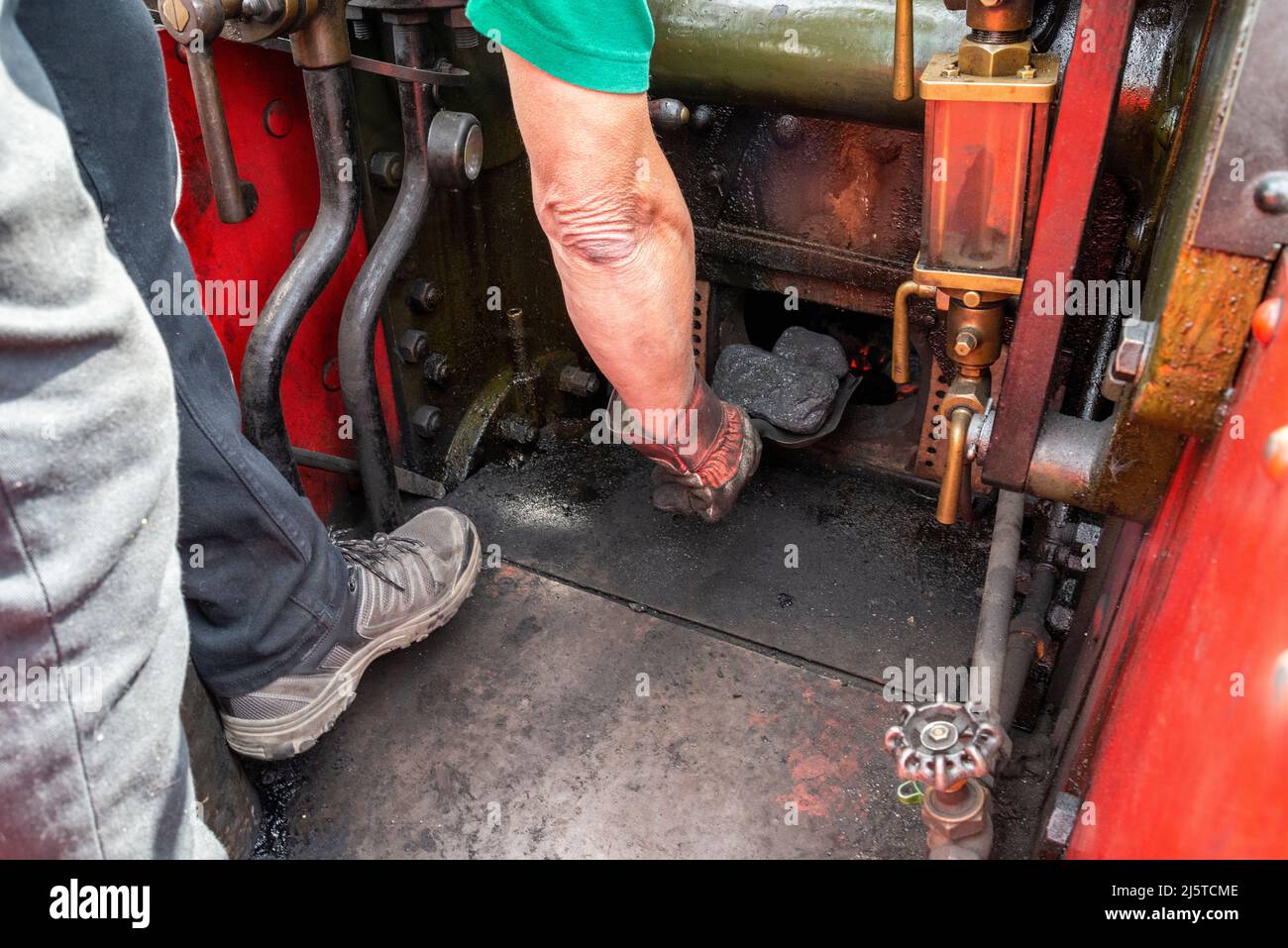 Coal being shovelled into the firebox of a steam traction engine. Welsh ...