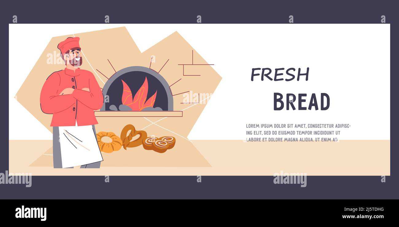Bakery or bakehouse template banner with breaded baker and his products ...