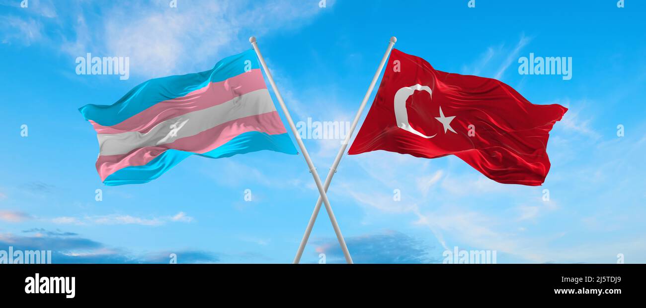 two crossed flags transgender Pride and Turkey waving in wind at cloudy ...
