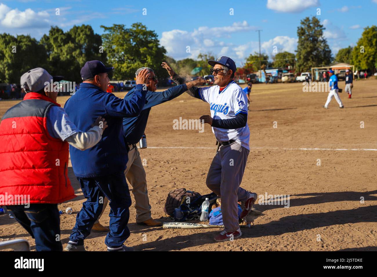 Men watch the llama baseball game on a dirt field. Marte R. Gómez or ...