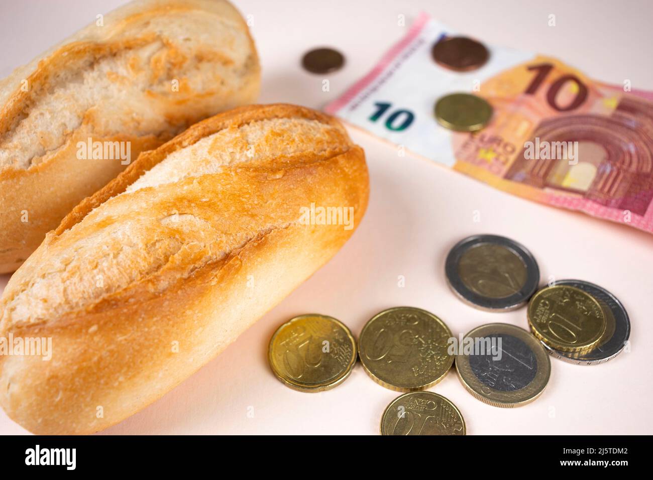 Price of bread, white bread loaf with euro money and coins. Expensive ...
