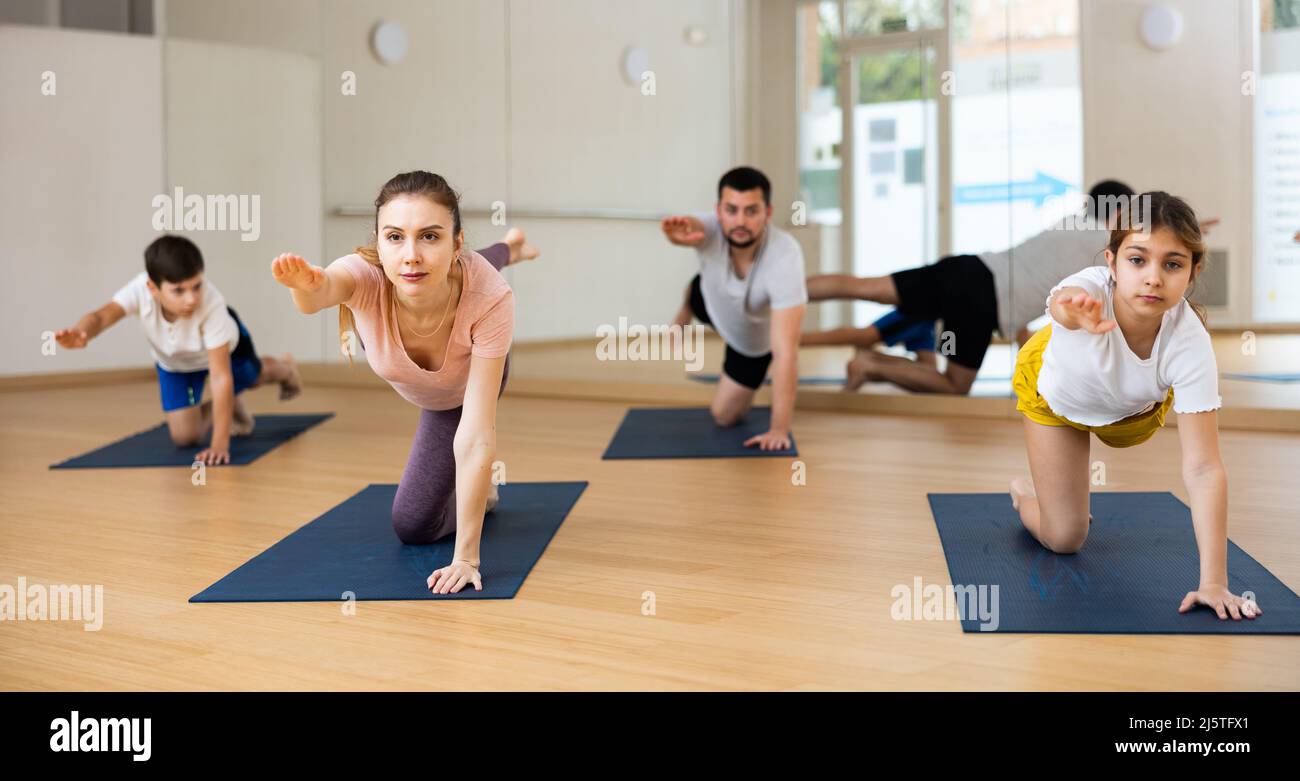 Kids and parents doing bird dog exercise in gym Stock Photo - Alamy