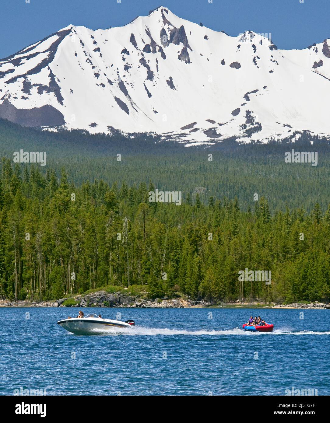 Boating Crescent Lake below, Diamond Peak Wilderness, Cascade Range ...