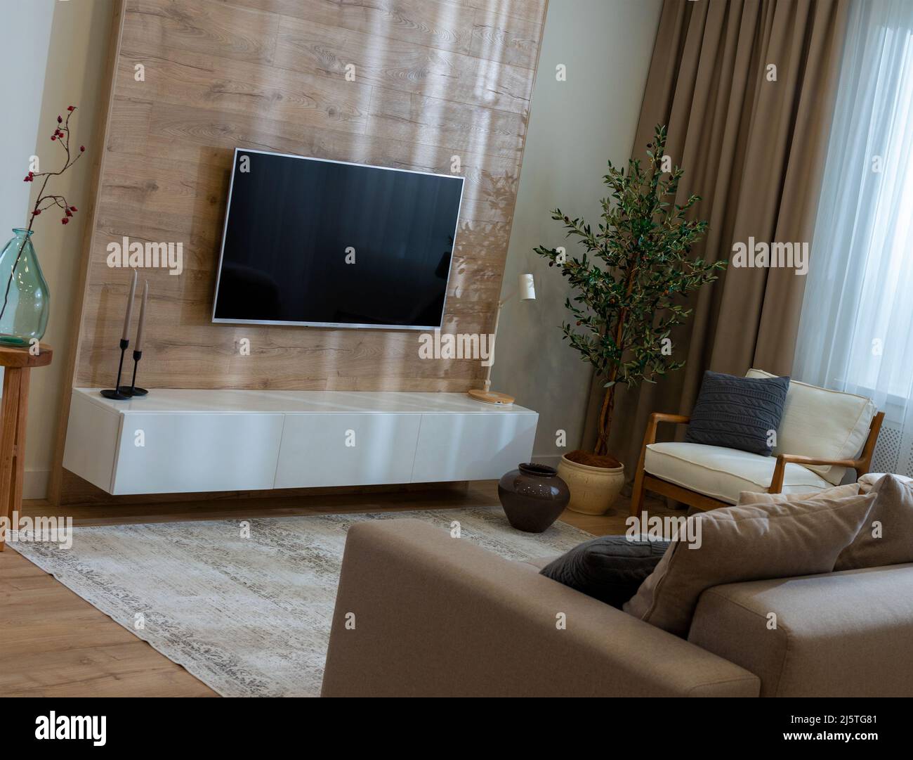 modern minimalist living room interior with open tv area Stock Photo ...