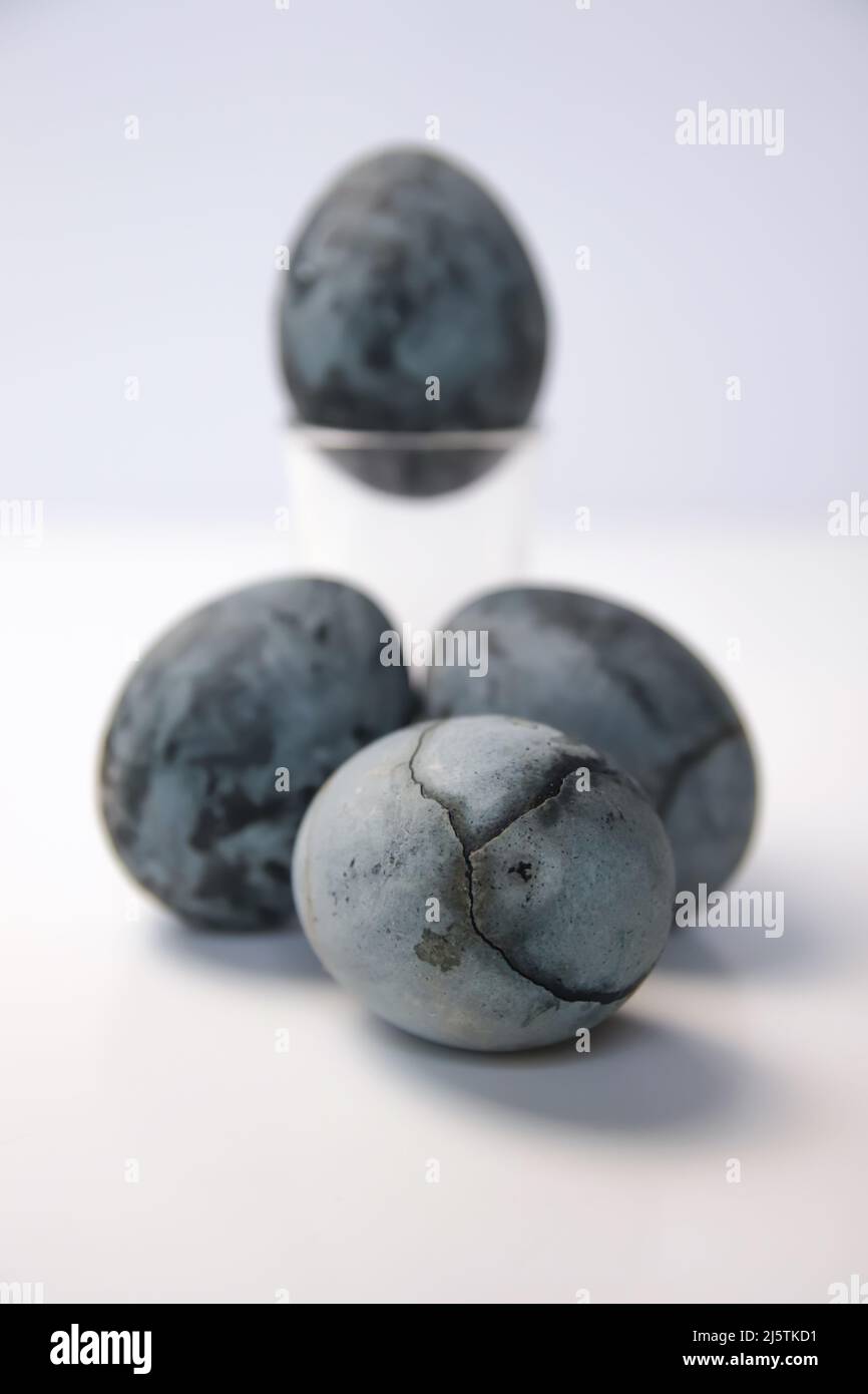 Defocus blue eggs. Close up Easter eggs pastel colored on white ...