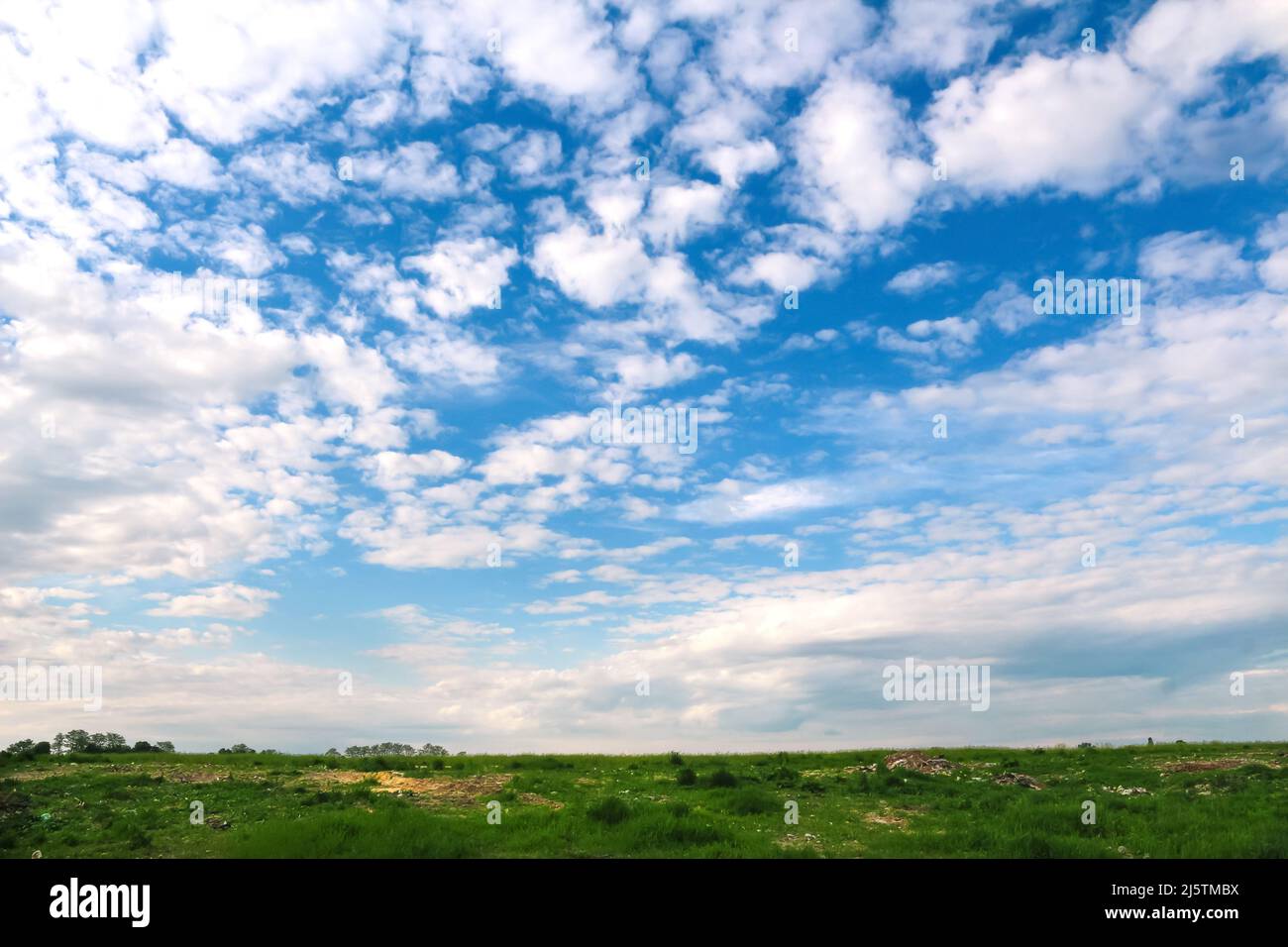 Defocus blue sky background with tiny white clouds and green meadow ...