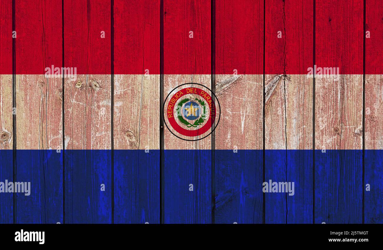 Top view of Old Painted Flag of Paraguay on Dark Wooden Fence, wall ...